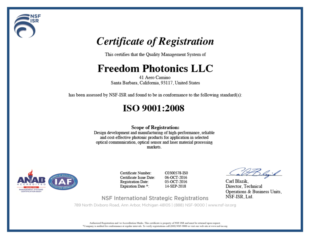 Freedom Photonics Achieves ISO 9001 Certification – Freedom Photonics